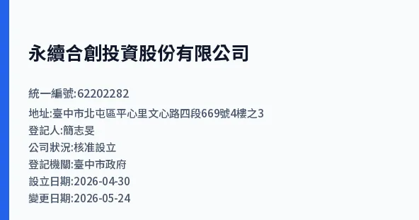 永續合創投資股份有限公司的照片-統編 62202282(臺中市) 公司登記資料與營業項目詳細圖表