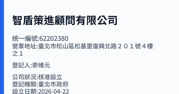 智盾策進顧問有限公司的照片-統編 62202380(臺北市) 公司登記資料與營業項目詳細圖表