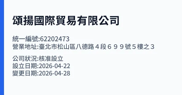 頌揚國際貿易有限公司的照片-統編 62202473(臺北市) 公司登記資料與營業項目詳細圖表