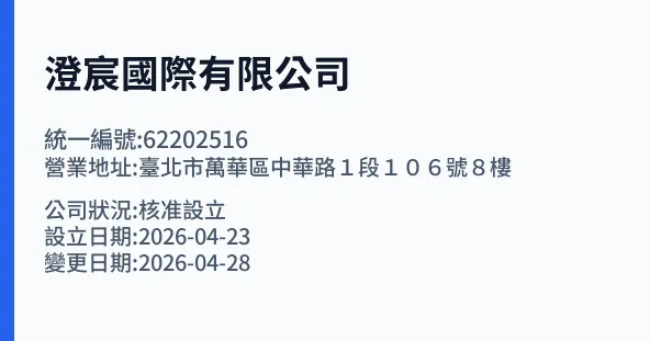 澄宸國際有限公司的照片-統編 62202516(臺北市) 公司登記資料與營業項目詳細圖表
