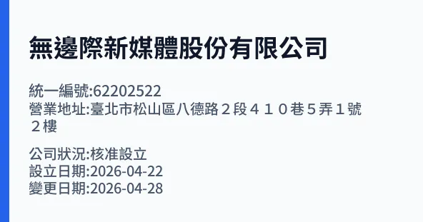 無邊際新媒體股份有限公司的照片-統編 62202522(臺北市) 公司登記資料與營業項目詳細圖表