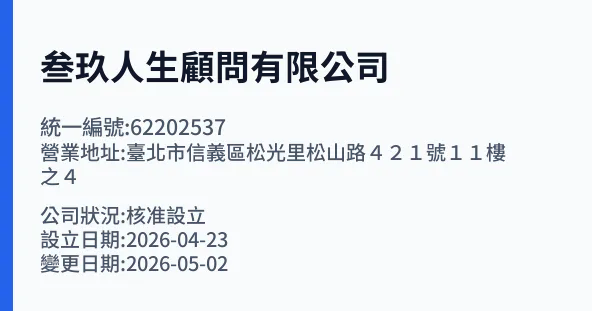 叁玖人生顧問有限公司的照片-統編 62202537(臺北市) 公司登記資料與營業項目詳細圖表