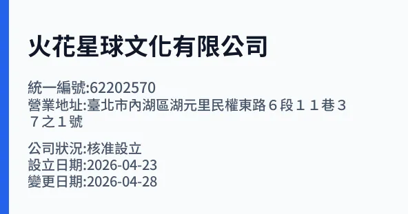 火花星球文化有限公司的照片-統編 62202570(臺北市) 公司登記資料與營業項目詳細圖表