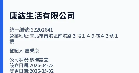 康紘生活有限公司的照片-統編 62202641(臺北市) 公司登記資料與營業項目詳細圖表