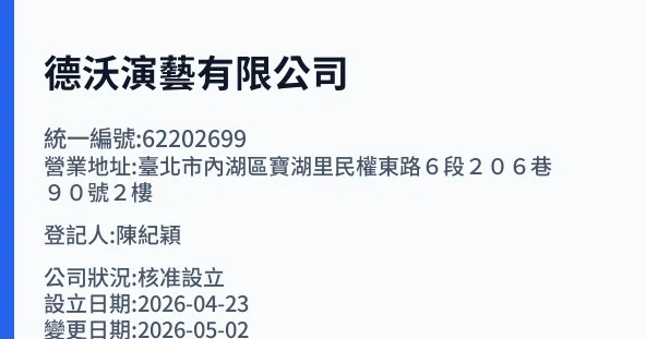 德沃演藝有限公司的照片-統編 62202699(臺北市) 公司登記資料與營業項目詳細圖表