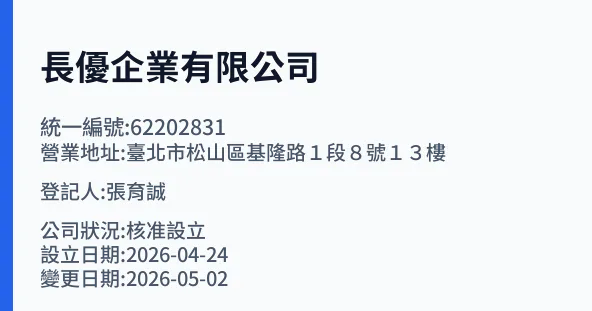 長優企業有限公司的照片-統編 62202831(臺北市) 公司登記資料與營業項目詳細圖表