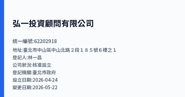 弘一投資顧問有限公司的照片-統編 62202918(臺北市) 公司登記資料與營業項目詳細圖表