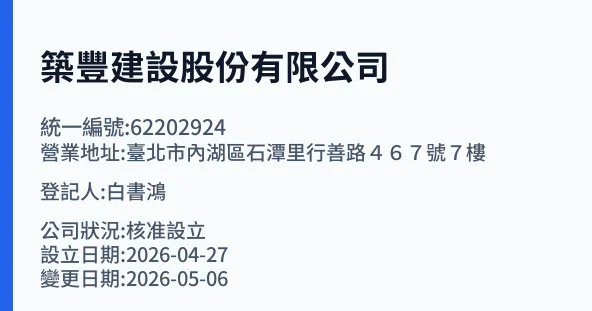 築豐建設股份有限公司的照片-統編 62202924(臺北市) 公司登記資料與營業項目詳細圖表