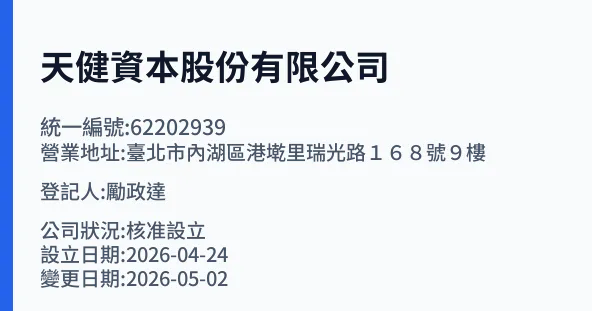 天健資本股份有限公司的照片-統編 62202939(臺北市) 公司登記資料與營業項目詳細圖表