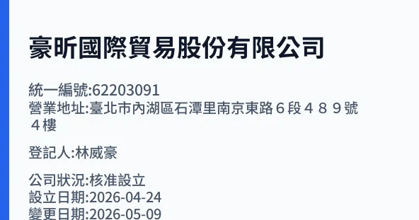 豪昕國際貿易股份有限公司的照片-統編 62203091(臺北市) 公司登記資料與營業項目詳細圖表