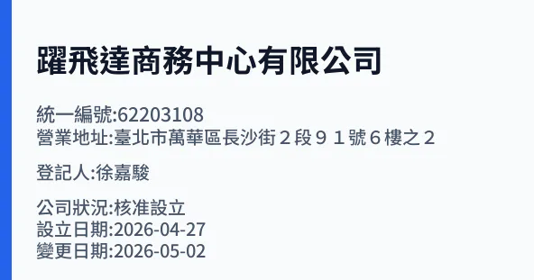 躍飛達商務中心有限公司的照片-統編 62203108(臺北市) 公司登記資料與營業項目詳細圖表