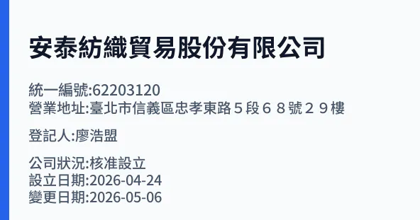 安泰紡織貿易股份有限公司的照片-統編 62203120(臺北市) 公司登記資料與營業項目詳細圖表
