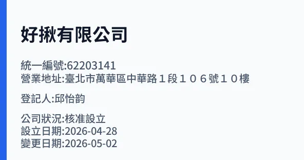 好揪有限公司的照片-統編 62203141(臺北市) 公司登記資料與營業項目詳細圖表