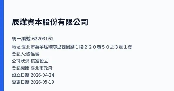 辰燁資本股份有限公司的照片-統編 62203162(臺北市) 公司登記資料與營業項目詳細圖表