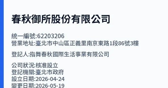 春秋御所股份有限公司的照片-統編 62203206(臺北市) 公司登記資料與營業項目詳細圖表