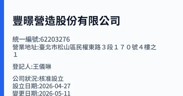 豐暻營造股份有限公司的照片-統編 62203276(臺北市) 公司登記資料與營業項目詳細圖表