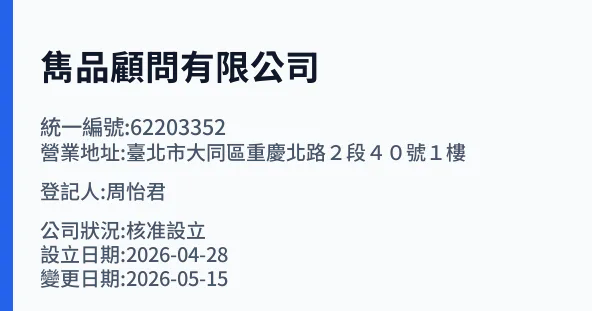 雋品顧問有限公司的照片-統編 62203352(臺北市) 公司登記資料與營業項目詳細圖表