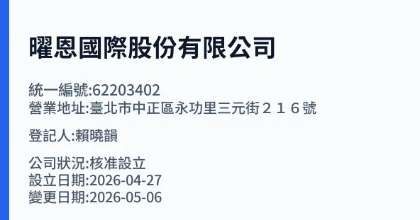 曜恩國際股份有限公司的照片-統編 62203402(臺北市) 公司登記資料與營業項目詳細圖表