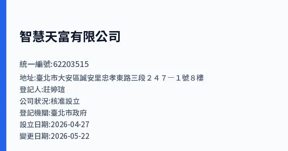 智慧天富有限公司的照片-統編 62203515(臺北市) 公司登記資料與營業項目詳細圖表