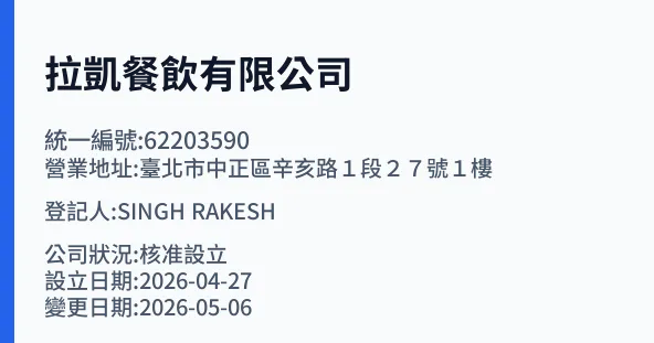 拉凱餐飲有限公司的照片-統編 62203590(臺北市) 公司登記資料與營業項目詳細圖表