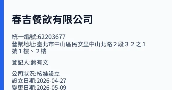 春吉餐飲有限公司的照片-統編 62203677(臺北市) 公司登記資料與營業項目詳細圖表