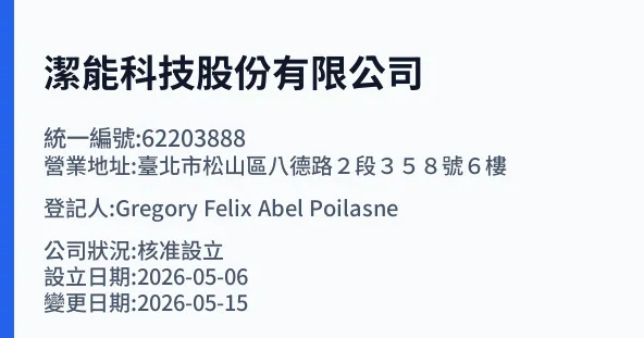 潔能科技股份有限公司的照片-統編 62203888(臺北市) 公司登記資料與營業項目詳細圖表