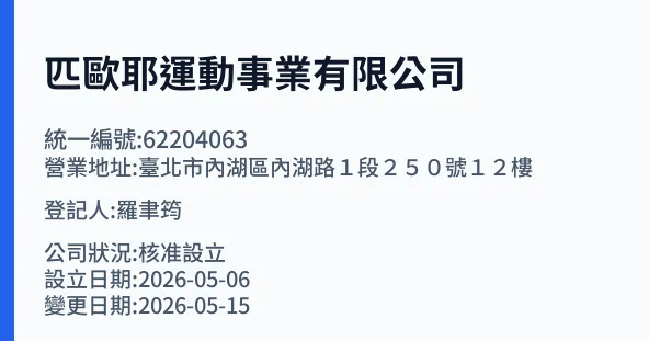 匹歐耶運動事業有限公司的照片-統編 62204063(臺北市) 公司登記資料與營業項目詳細圖表