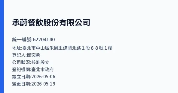 承蔚餐飲股份有限公司的照片-統編 62204140(臺北市) 公司登記資料與營業項目詳細圖表