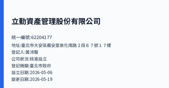 立勤資產管理股份有限公司的照片-統編 62204177(臺北市) 公司登記資料與營業項目詳細圖表
