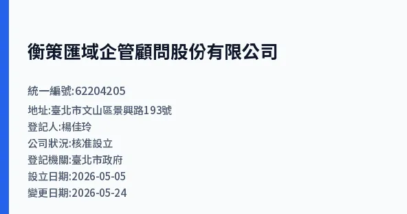 衡策匯域企管顧問股份有限公司的照片-統編 62204205(臺北市) 公司登記資料與營業項目詳細圖表