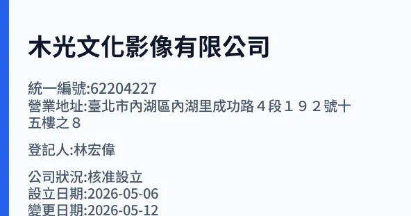 木光文化影像有限公司的照片-統編 62204227(臺北市) 公司登記資料與營業項目詳細圖表