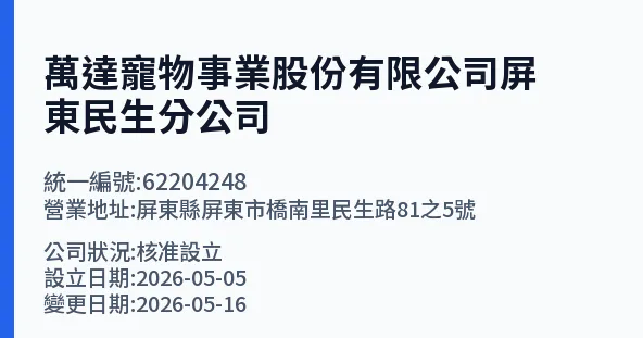 萬達寵物事業股份有限公司屏東民生分公司的照片-統編 62204248(屏東縣) 公司登記資料與營業項目詳細圖表