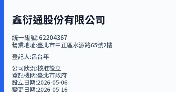 鑫衍通股份有限公司的照片-統編 62204367(臺北市) 公司登記資料與營業項目詳細圖表