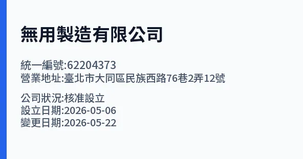無用製造有限公司的照片-統編 62204373(臺北市) 公司登記資料與營業項目詳細圖表