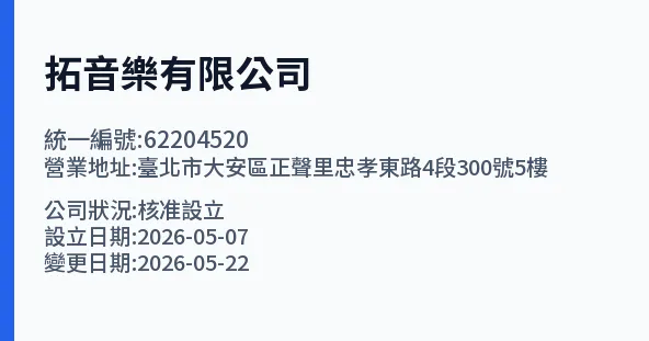 拓音樂有限公司的照片-統編 62204520(臺北市) 公司登記資料與營業項目詳細圖表