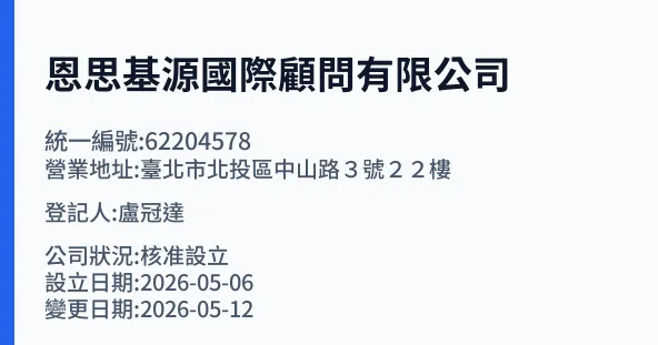 恩思基源國際顧問有限公司的照片-統編 62204578(臺北市) 公司登記資料與營業項目詳細圖表