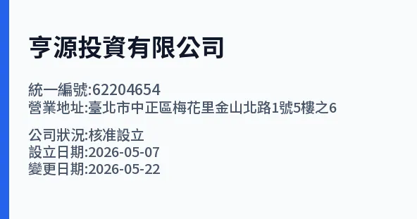 亨源投資有限公司的照片-統編 62204654(臺北市) 公司登記資料與營業項目詳細圖表