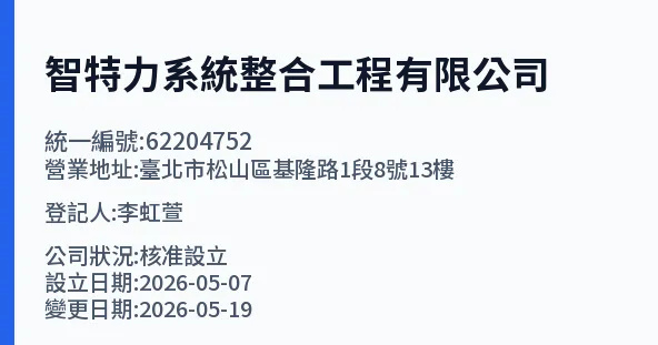 智特力系統整合工程有限公司的照片-統編 62204752(臺北市) 公司登記資料與營業項目詳細圖表