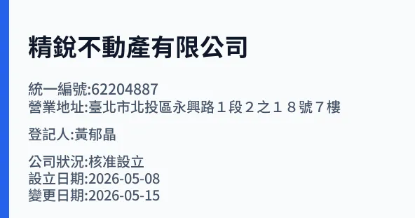 精銳不動產有限公司的照片-統編 62204887(臺北市) 公司登記資料與營業項目詳細圖表