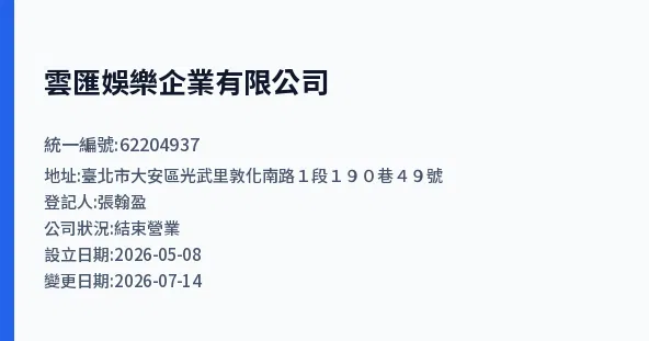 雲匯娛樂企業有限公司的照片-統編 62204937 公司登記資料與營業項目詳細圖表