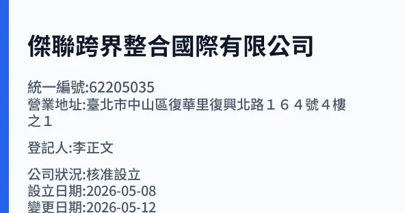 傑聯跨界整合國際有限公司的照片-統編 62205035(臺北市) 公司登記資料與營業項目詳細圖表