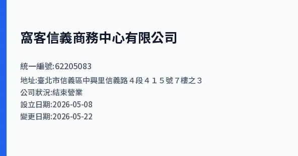 窩客信義商務中心有限公司的照片-統編 62205083(臺北市) 公司登記資料與營業項目詳細圖表