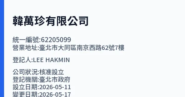 韓萬珍有限公司的照片-統編 62205099(臺北市) 公司登記資料與營業項目詳細圖表