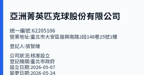 亞洲菁英匹克球股份有限公司的照片-統編 62205106(臺北市) 公司登記資料與營業項目詳細圖表