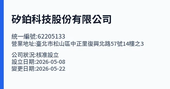 矽鉑科技股份有限公司的照片-統編 62205133(臺北市) 公司登記資料與營業項目詳細圖表