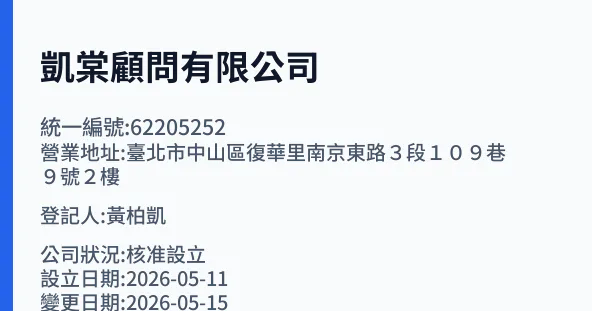 凱棠顧問有限公司的照片-統編 62205252(臺北市) 公司登記資料與營業項目詳細圖表