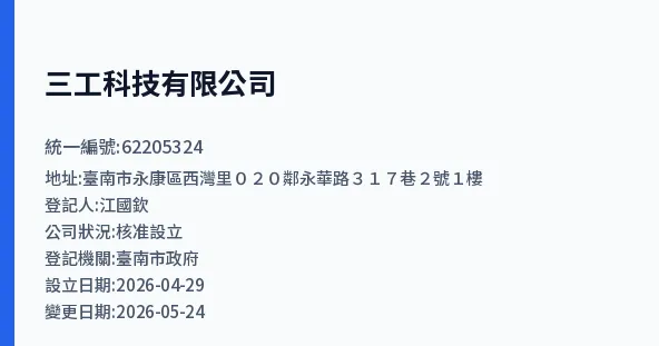 三工科技有限公司的照片-統編 62205324(臺南市) 公司登記資料與營業項目詳細圖表
