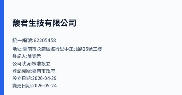 馥君生技有限公司的照片-統編 62205458(臺南市) 公司登記資料與營業項目詳細圖表