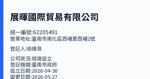 展暉國際貿易有限公司的照片-統編 62205491(臺南市) 公司登記資料與營業項目詳細圖表