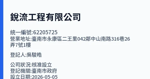 銳流工程有限公司的照片-統編 62205725(臺南市) 公司登記資料與營業項目詳細圖表